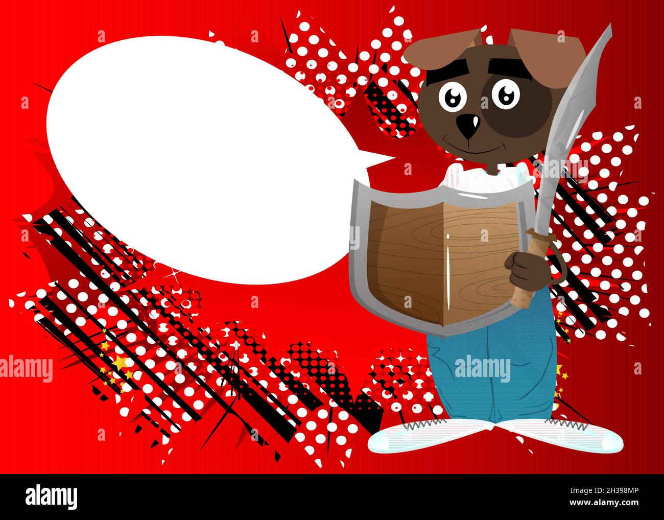 Funny cartoon dog holding a sword and shield. Vector illustration Stock ...