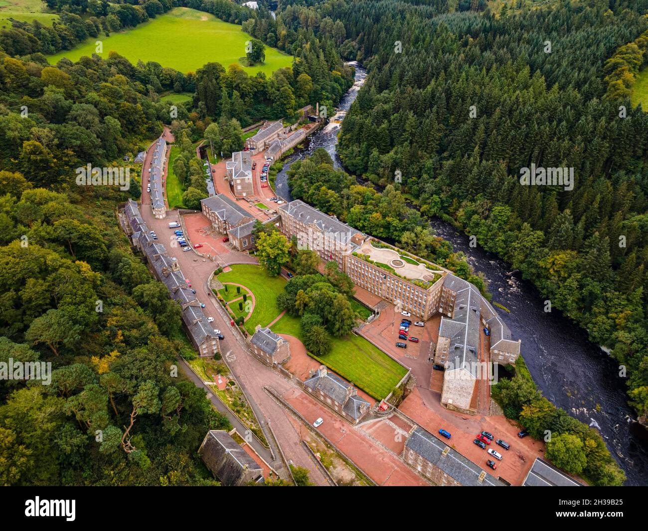 Aerial of the Unesco world heritage site the industrial town New Lanark ...