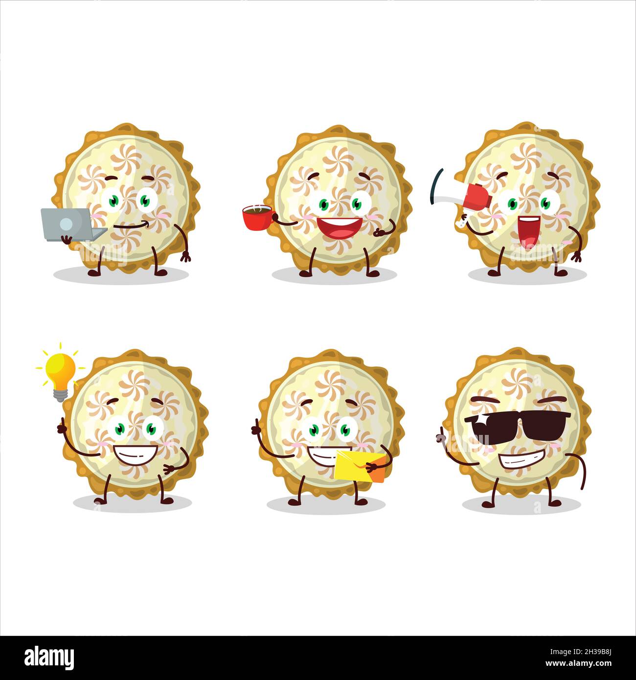 Lemon meringue pie cartoon character with various types of business ...