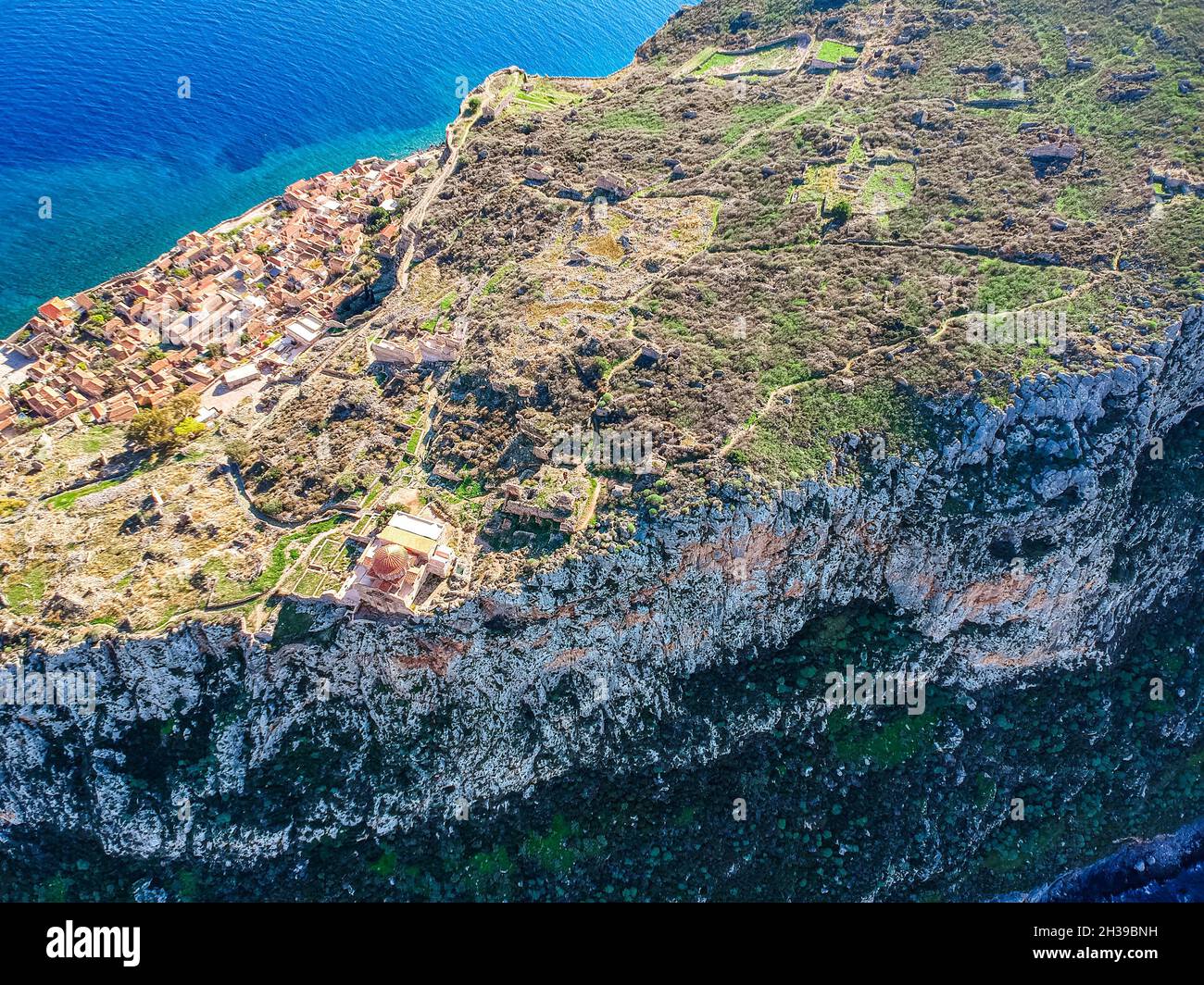 Aerial view of the old medieval castle town of Monemvasia in Lakonia of ...