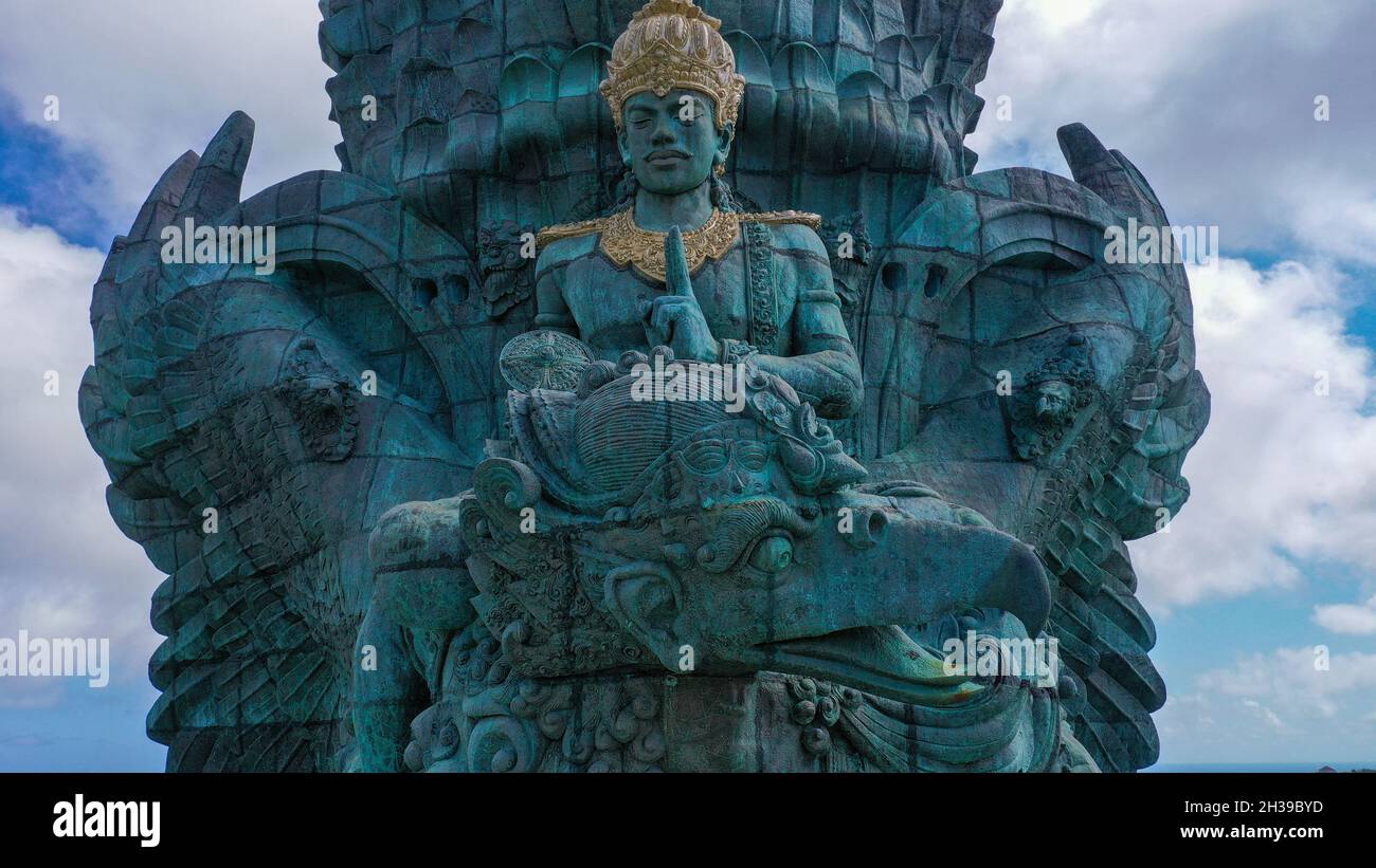 Portait of Lord Vishnu from the front taken by drone on the Garuda Wisnu Kencana statue in Bali ...
