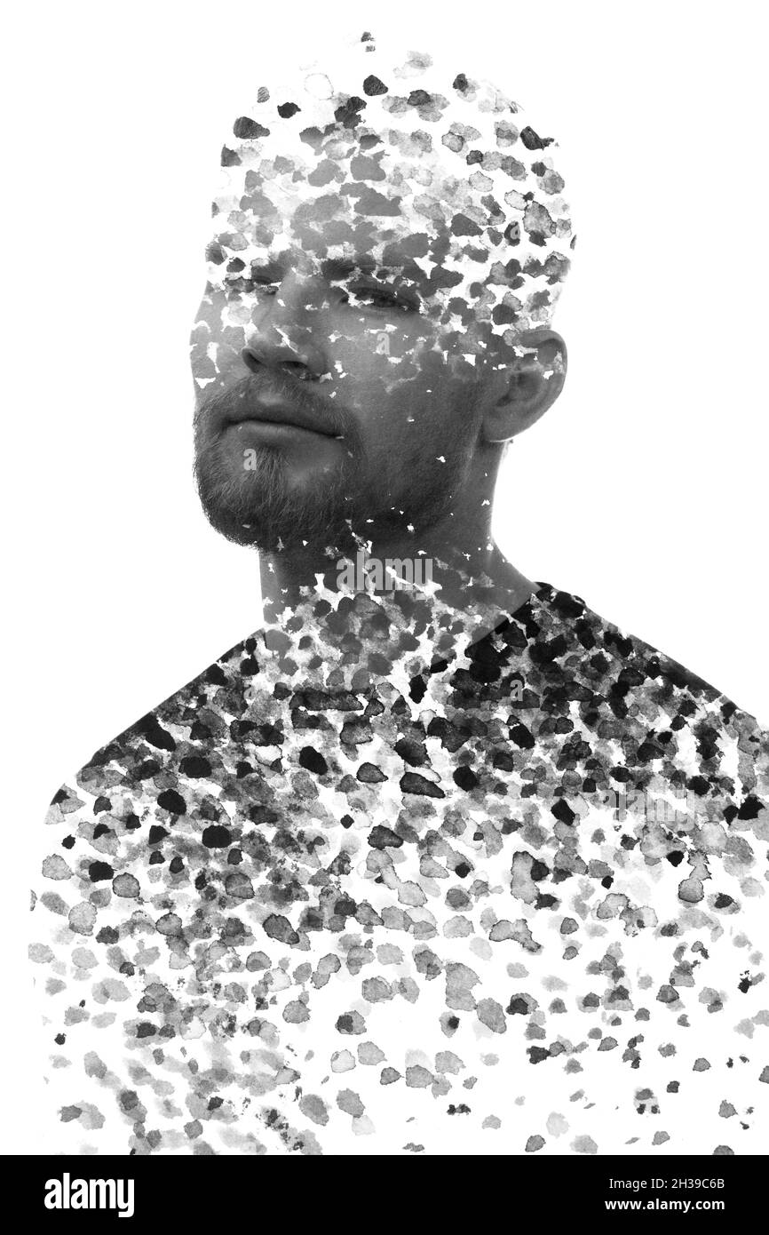 Paintography. A black and white portrait of a man combined with ink ...