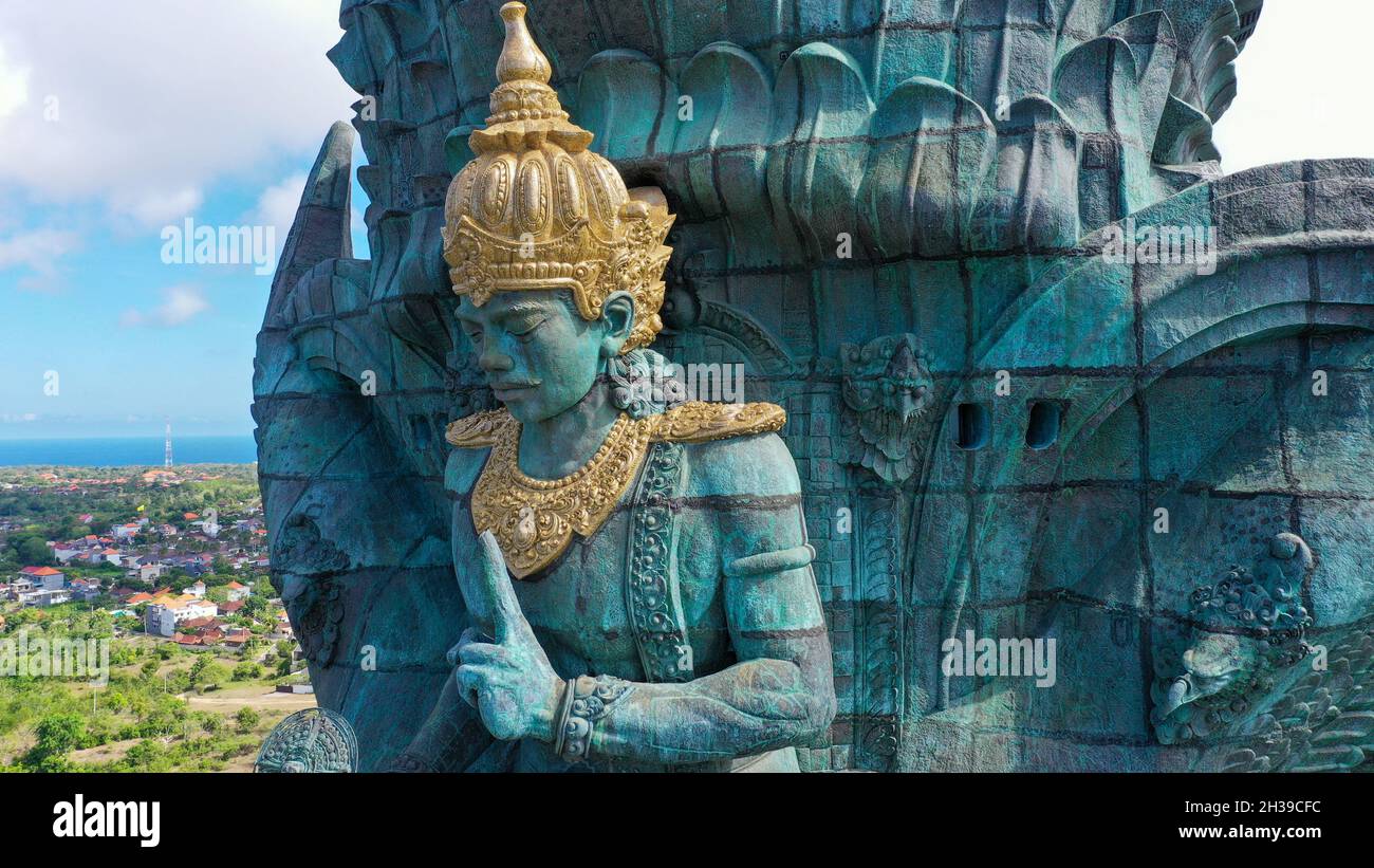 Portait of Lord Vishnu from the front taken by drone on the Garuda Wisnu Kencana statue in Bali ...