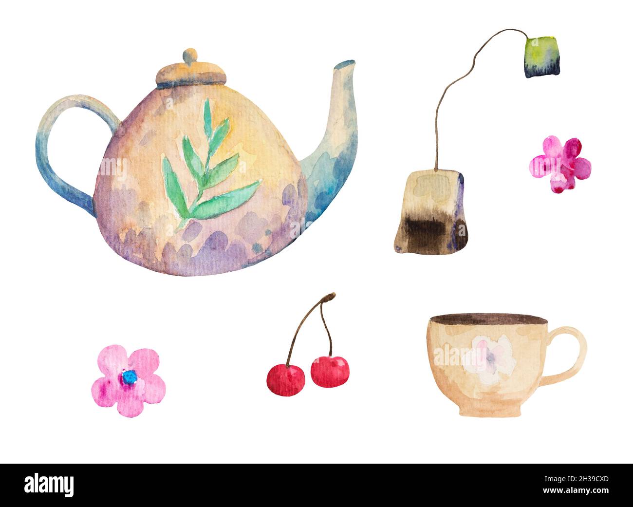 Watercolor tea set with cute retro cup and teapot, cherry and flowers ...