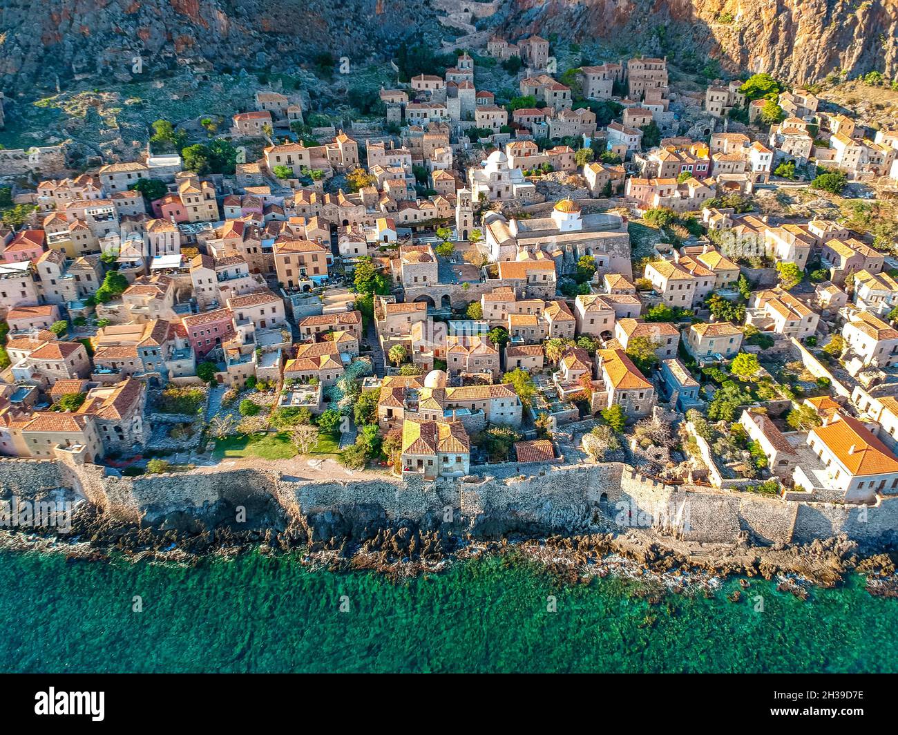 Aerial view of the old medieval castle town of Monemvasia in Lakonia of ...