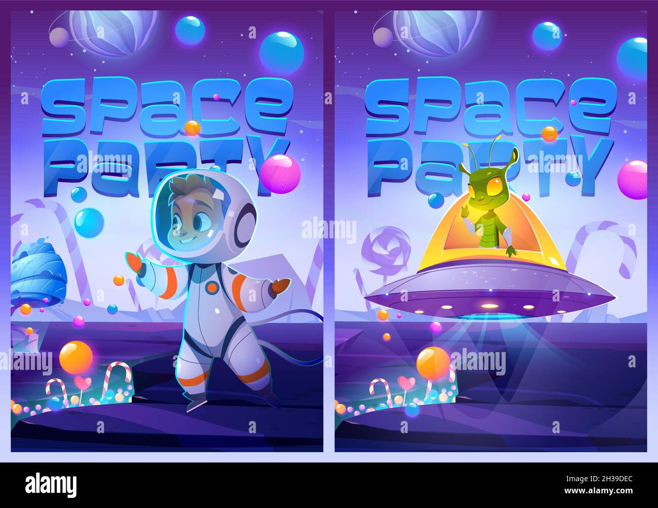 Space party cartoon banners with cute kid astronaut and alien in ufo ...