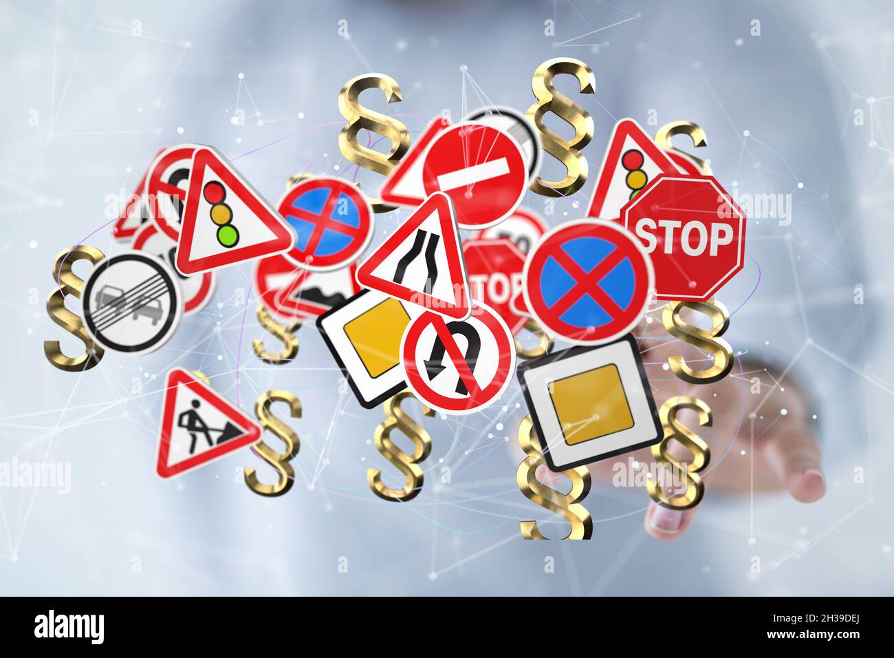 Number of digital safety transportation signs floating in the air Stock ...