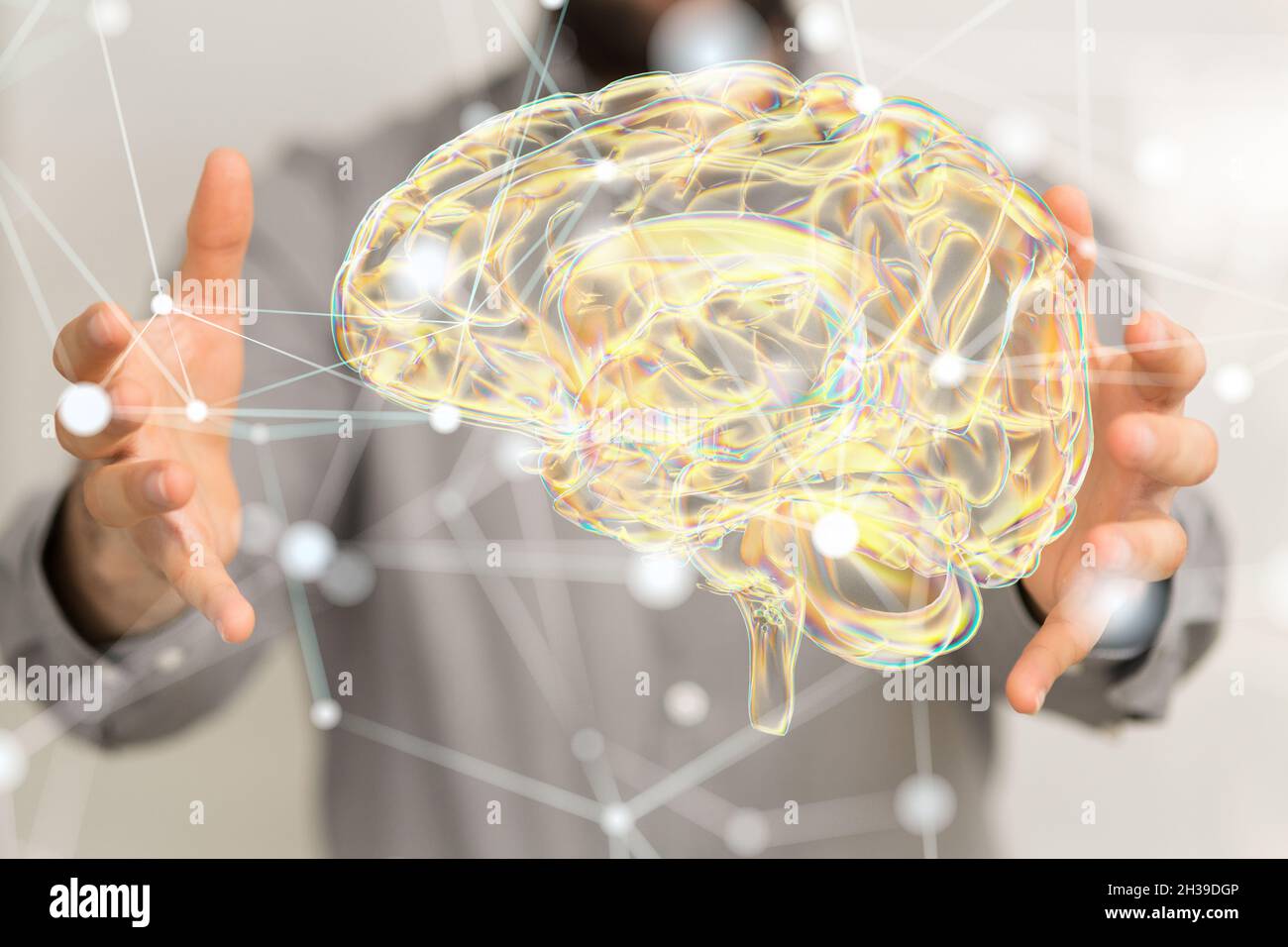 Digital brain icon floating in the air on a blurred background Stock ...