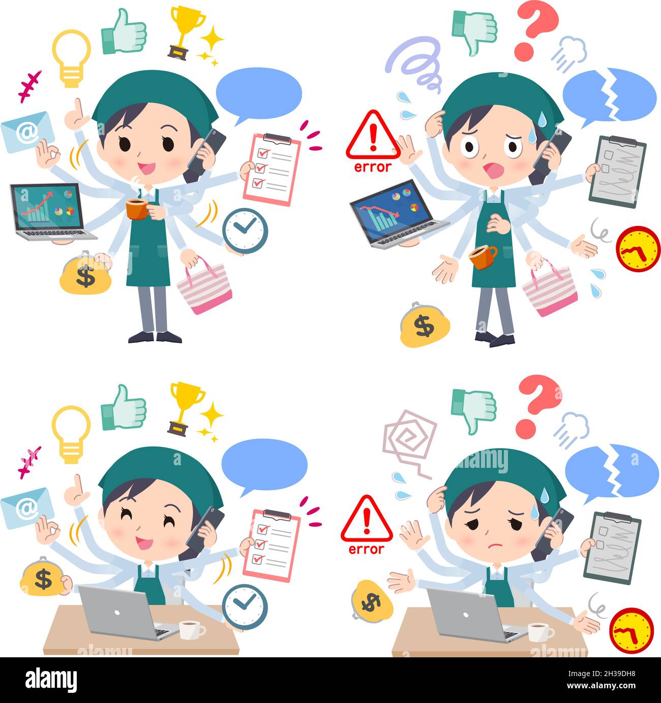 A set of Supermarket staff woman who perform multitasking in the office ...