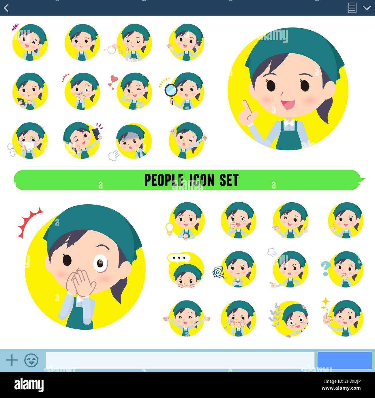 A Set Of Supermarket Staff Woman With Expresses Various Emotions In