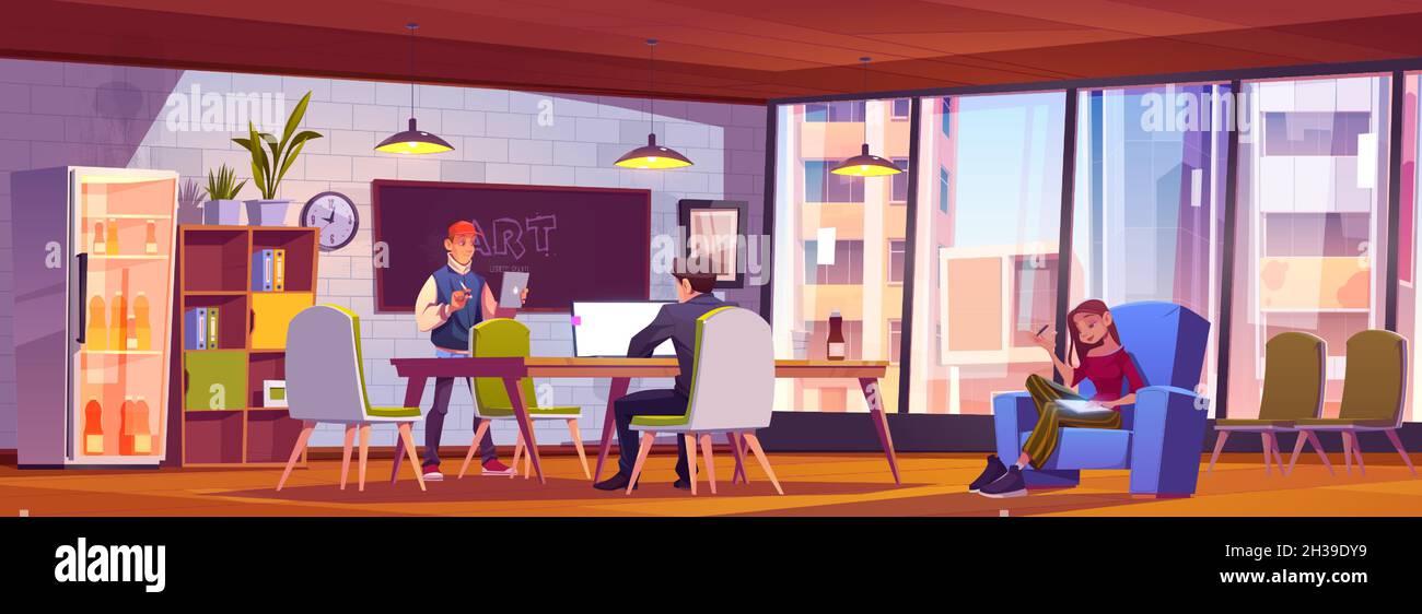 People in loft coworking office develop business idea or art project ...