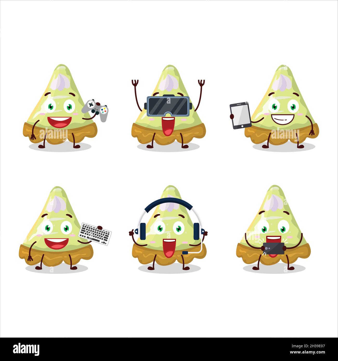 Slice of key lime pie cartoon character are playing games with various ...