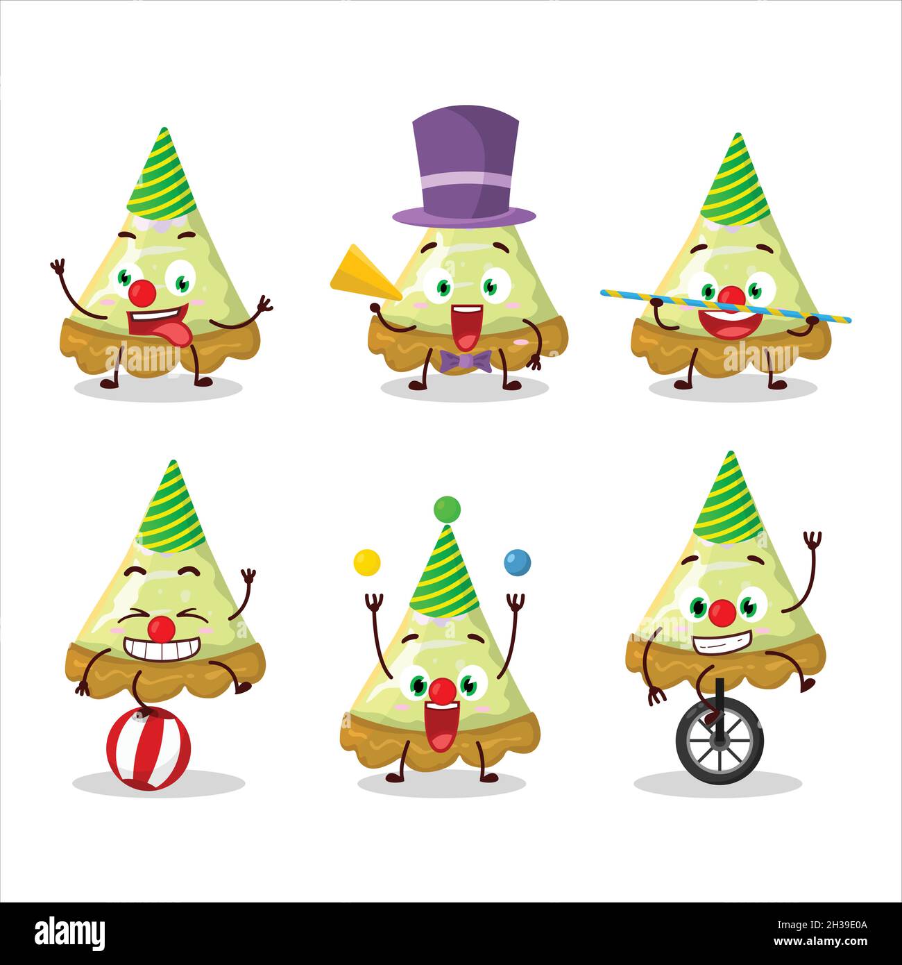 Cartoon character of slice of key lime pie with various circus shows ...