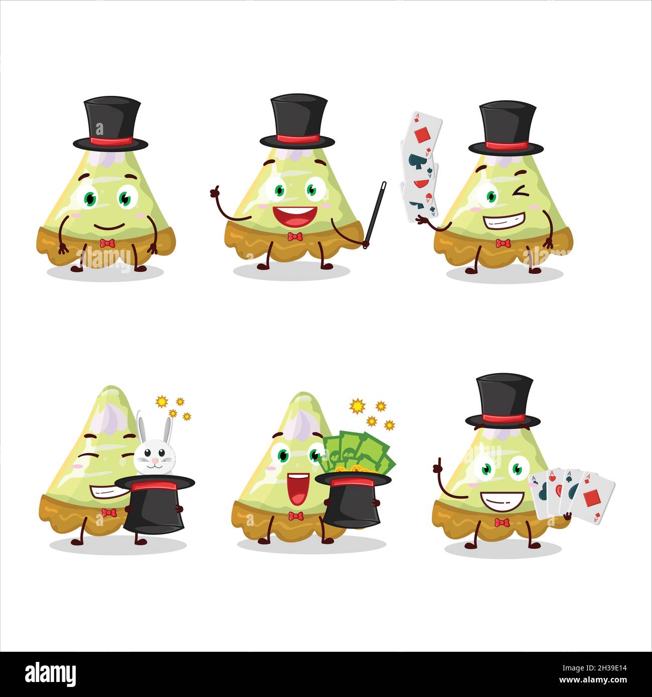 A slice of key lime pie Magician cartoon character perform on a stage ...