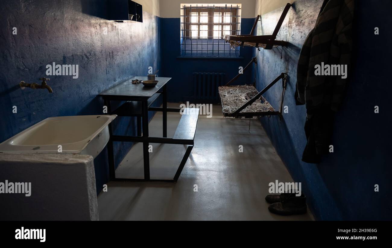 Empty double prison cell with bars on the window Stock Photo - Alamy