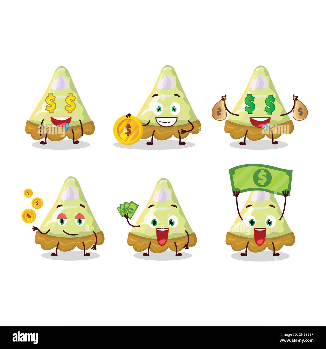 Slice of key lime pie cartoon character with cute emoticon bring money ...