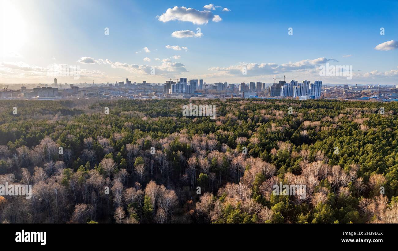 Autumn forest at sunset and city on horizon, auerial view ...