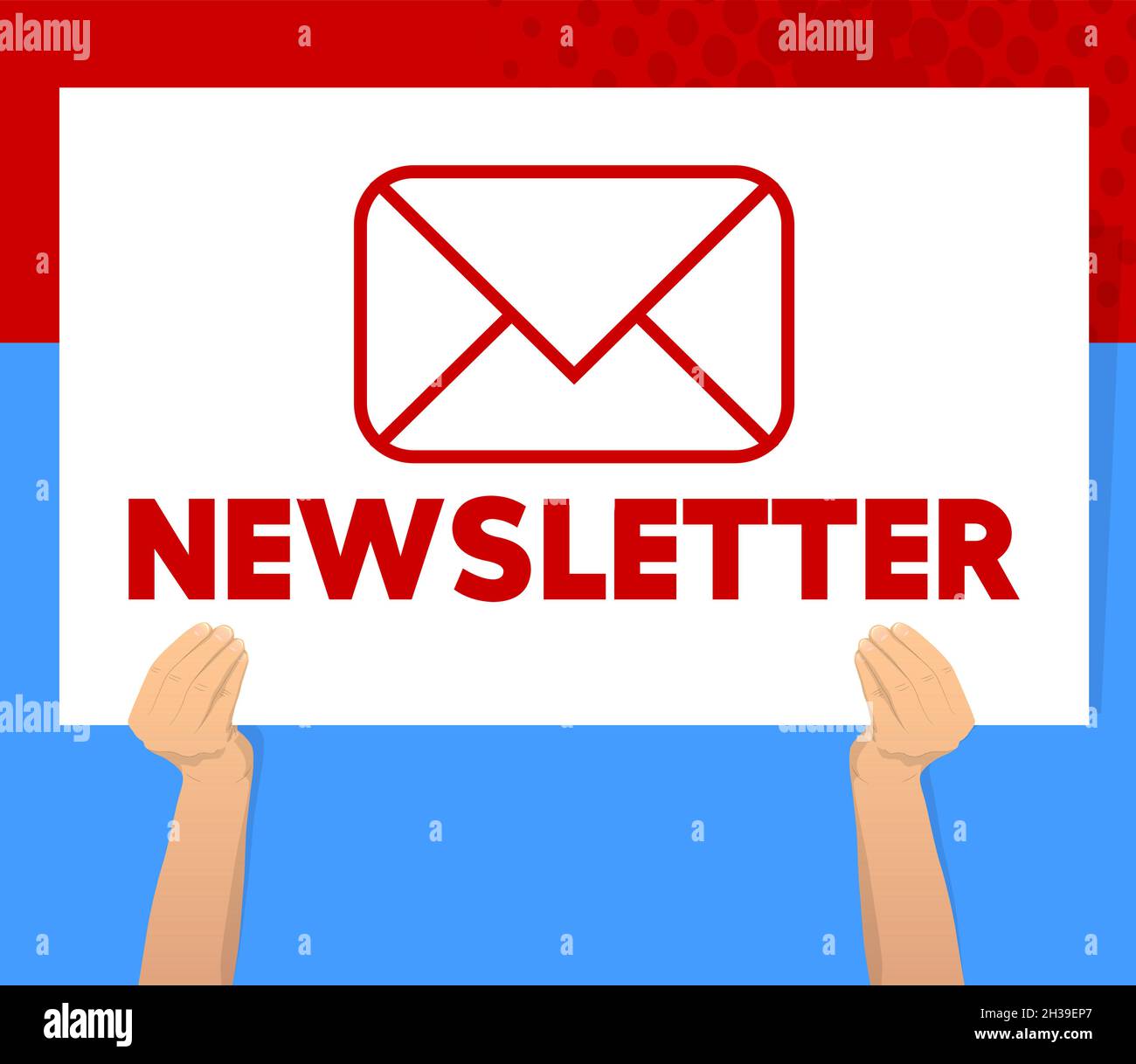 Hand holding banner with Newsletter text and symbol on white paper ...
