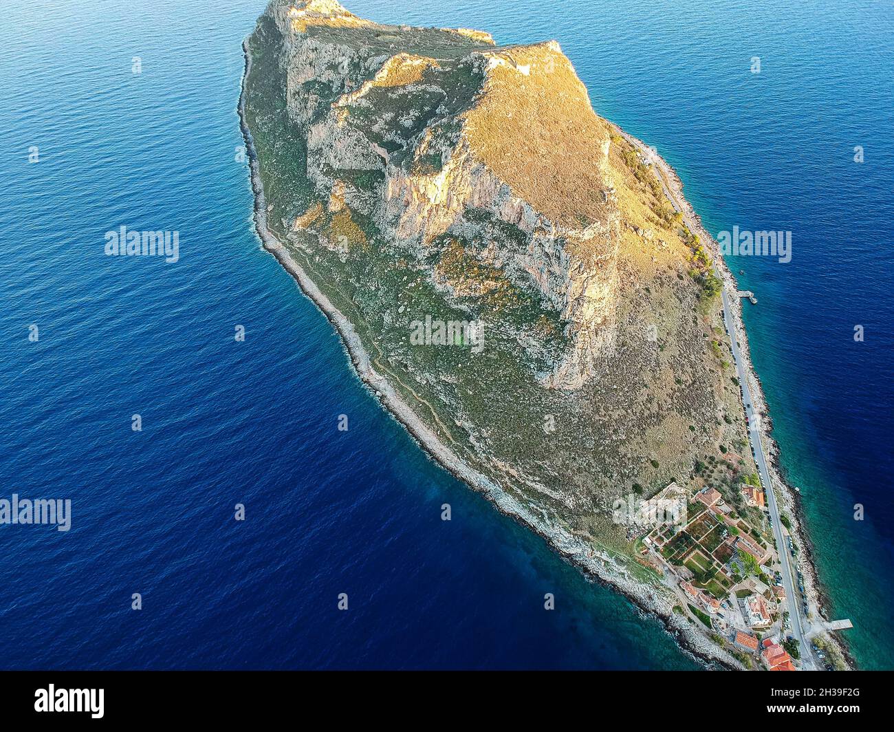 Aerial view of the old medieval castle town of Monemvasia in Lakonia of ...