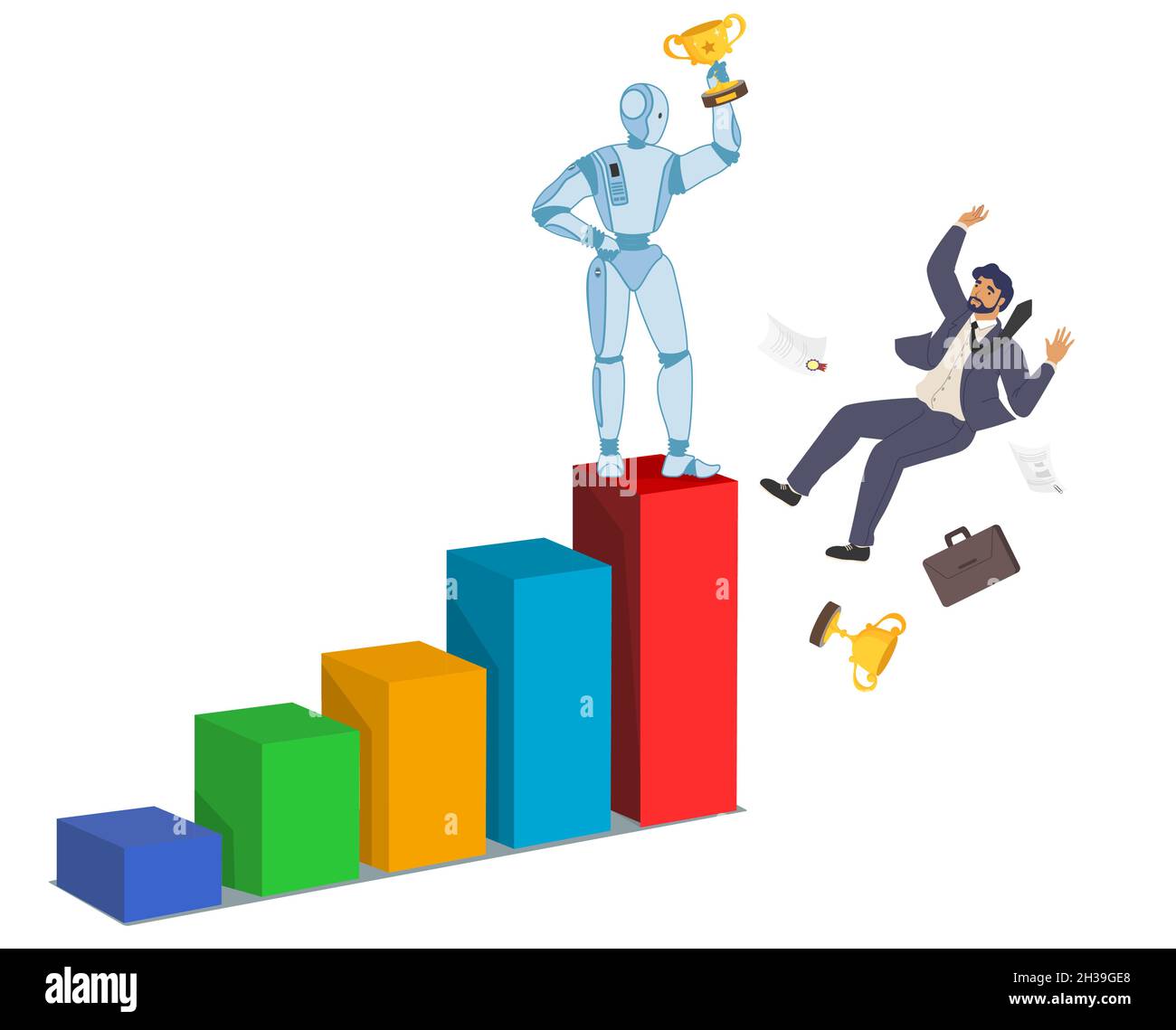 Robot machine winner standing on bar chart top and businessman falling ...