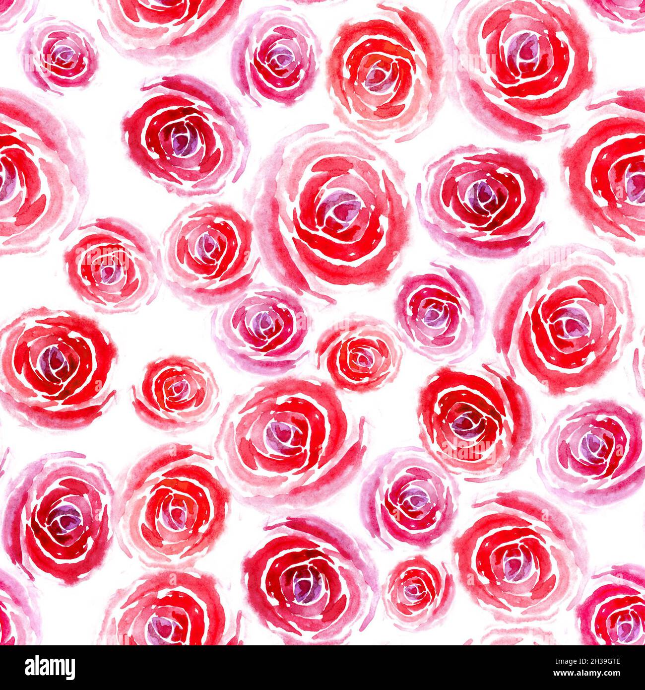Seamless pattern of pink and red roses of different sizes on a white ...