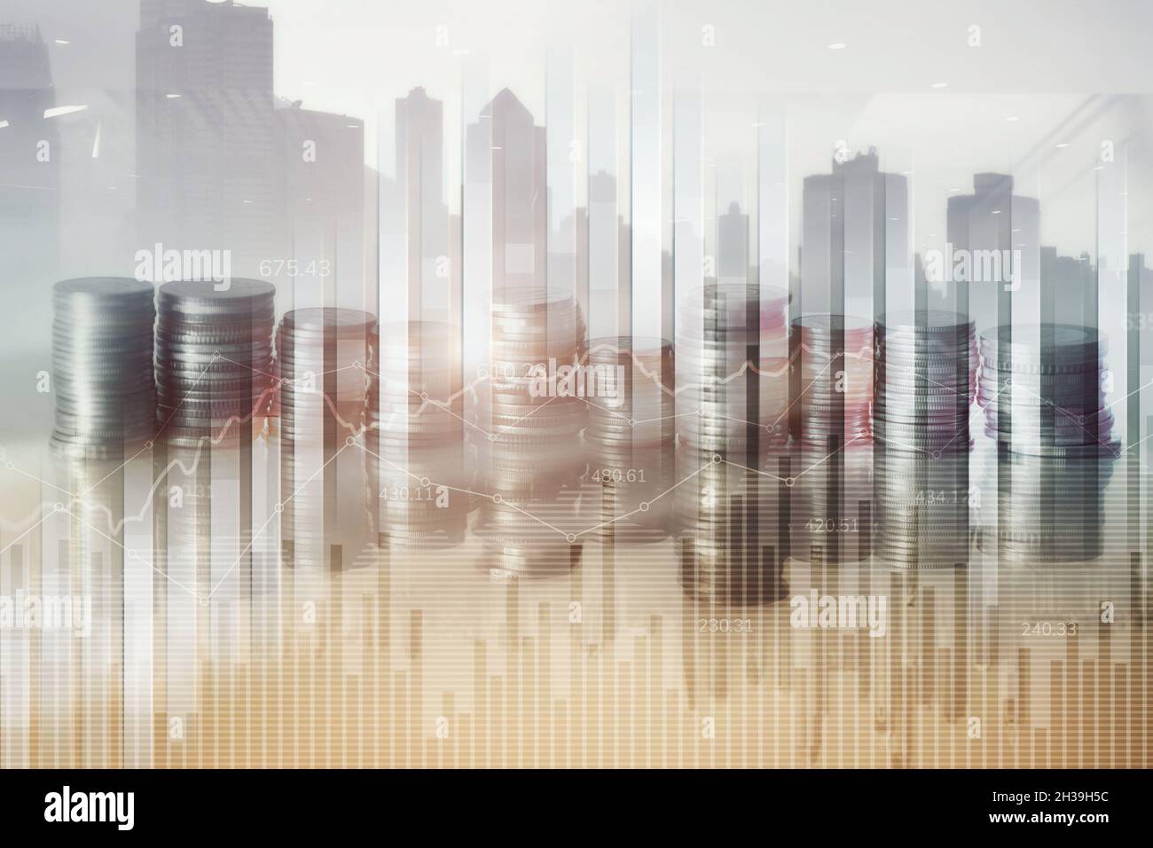 Abstract diagrams on the background of coins and cities Stock Photo - Alamy