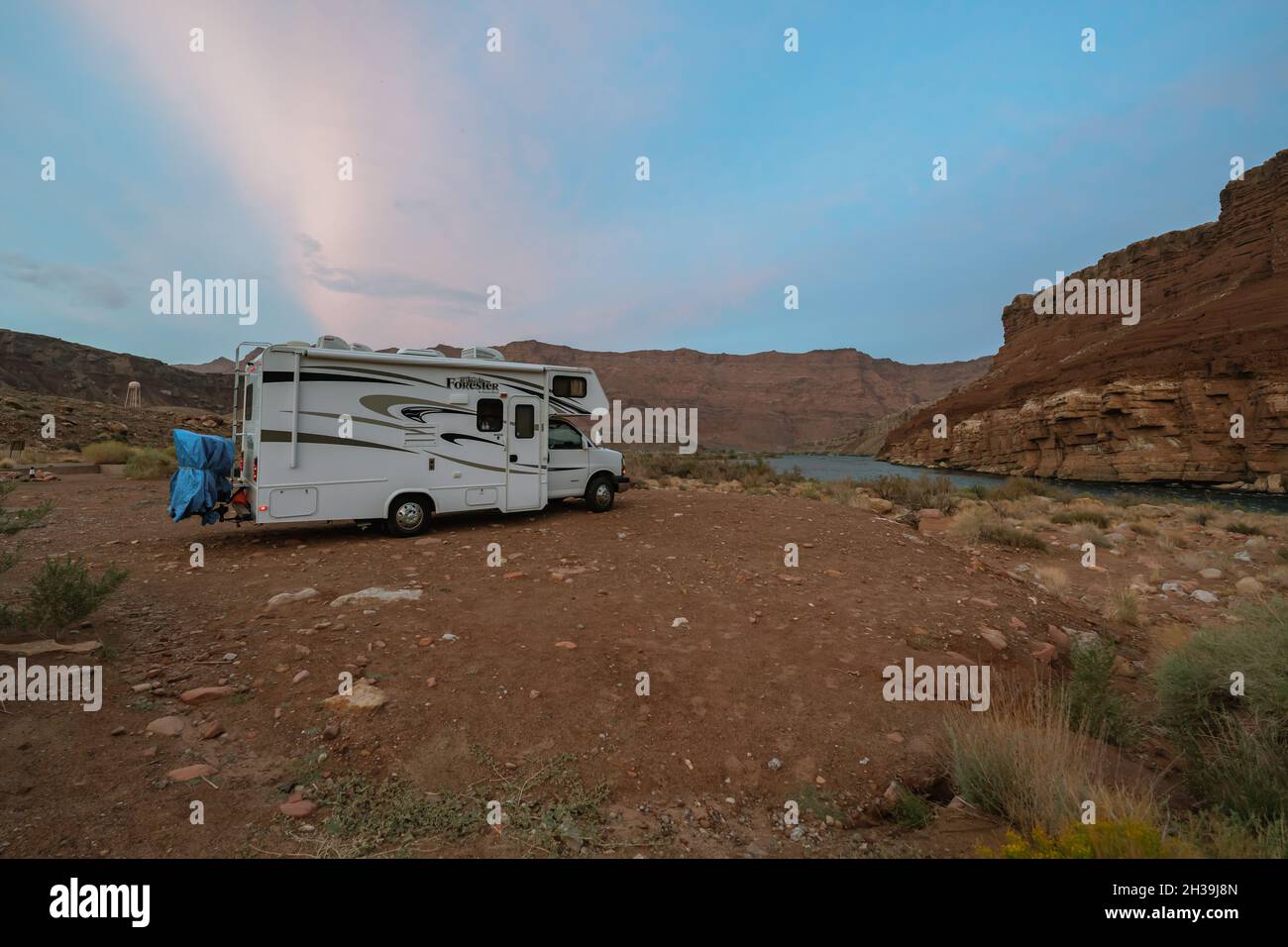 Arizona, USA - September 29, 2021. Rocky beach camping. RV trailer ...