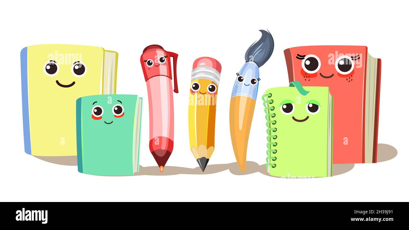 Stationery. Cartoon characters with faces. Brush and pencil surrounded ...