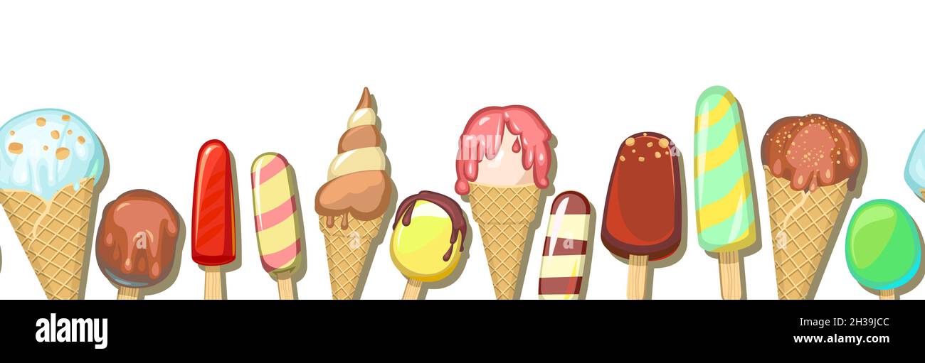 Various ice cream. Horizontal seamless background illustration. In ...
