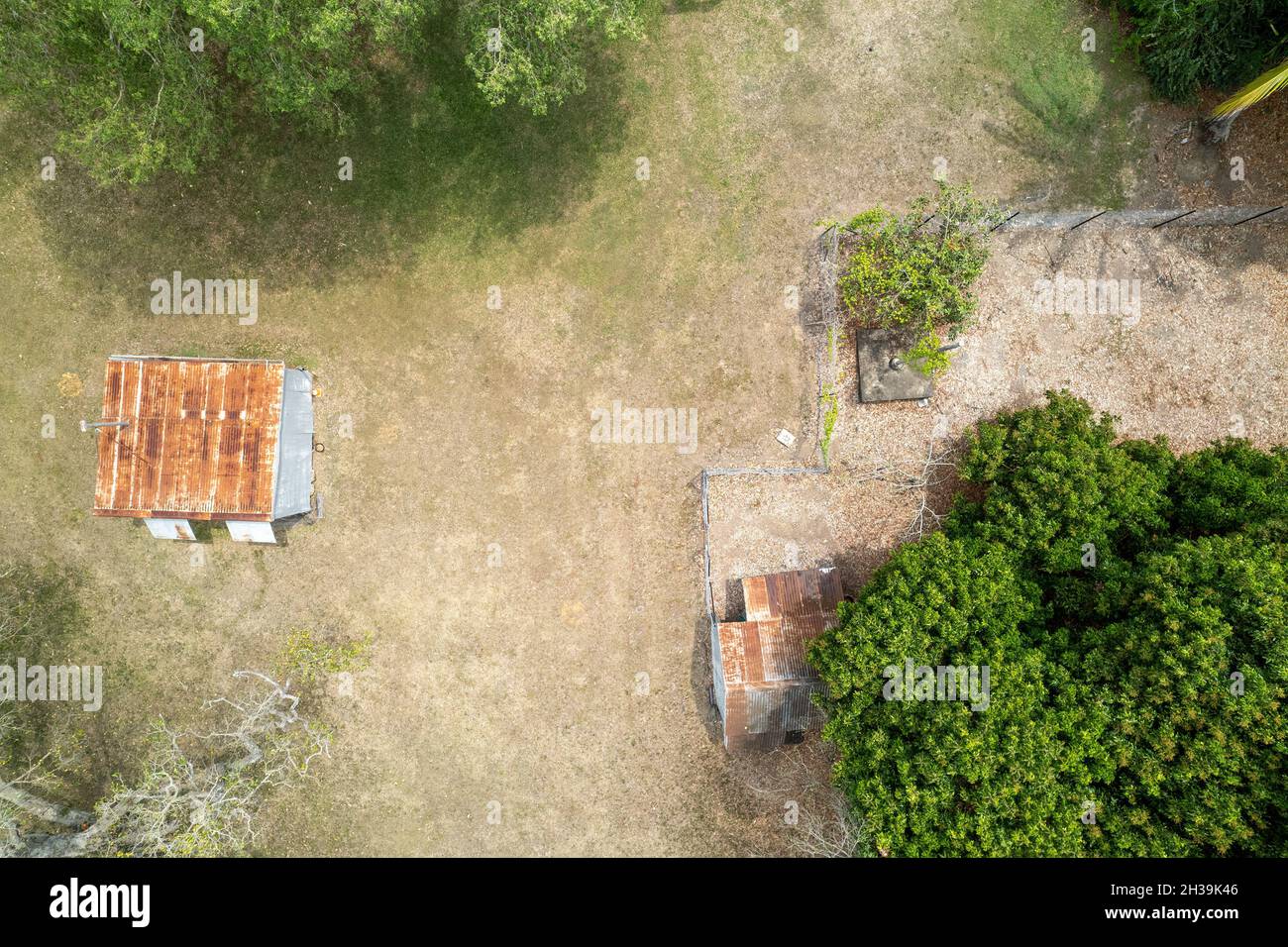 Top down view of two sheds amongst trees - drone landscape aerial Stock ...
