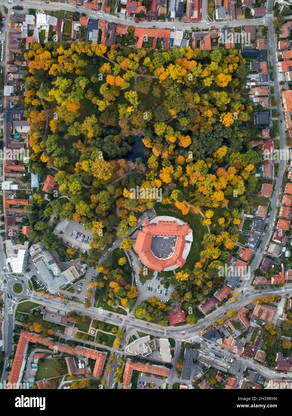 Aerial view of historial Castle surrounded by English park with rare ...
