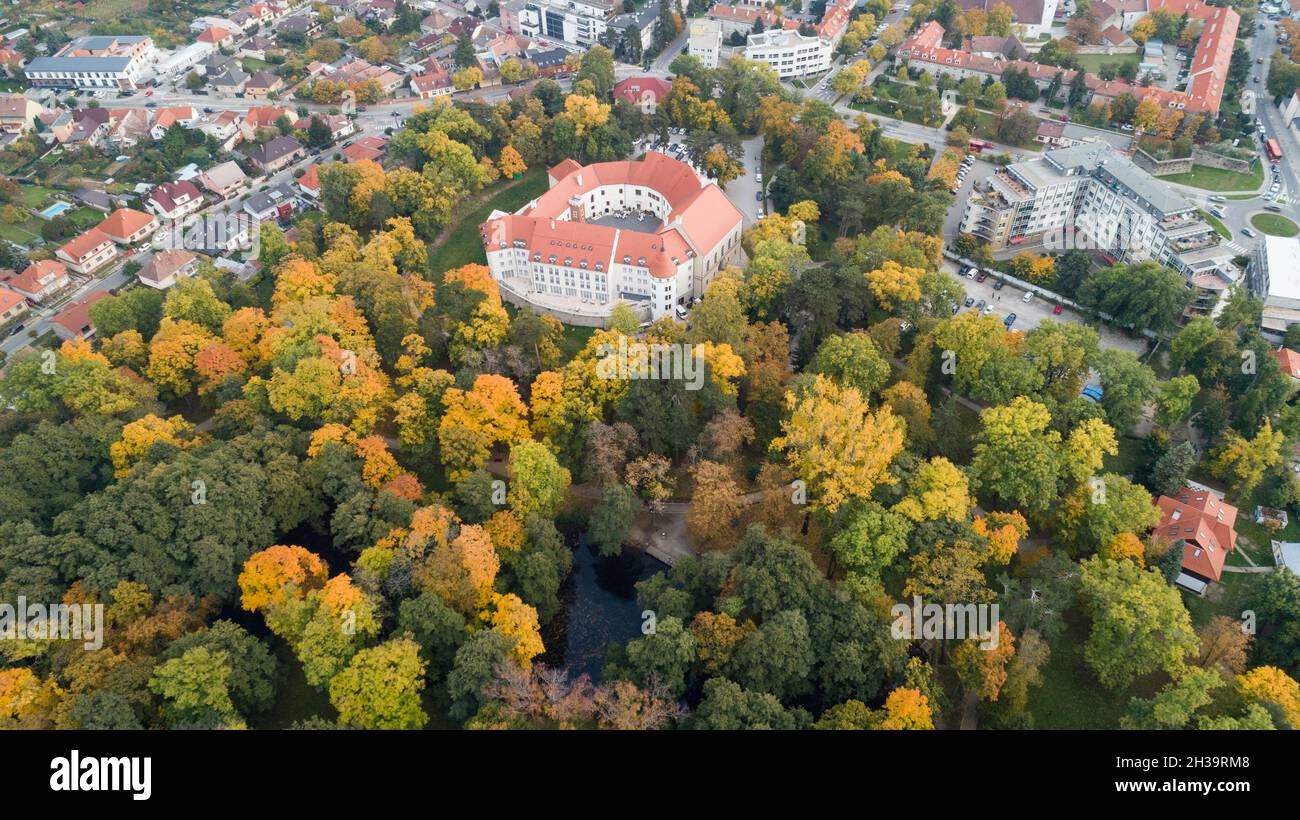 Aerial view of historial Castle surrounded by English park with rare ...