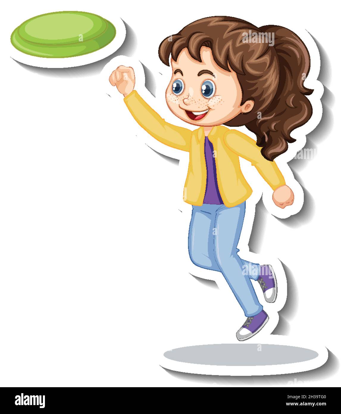 Girl playing frisbee cartoon character sticker illustration Stock ...
