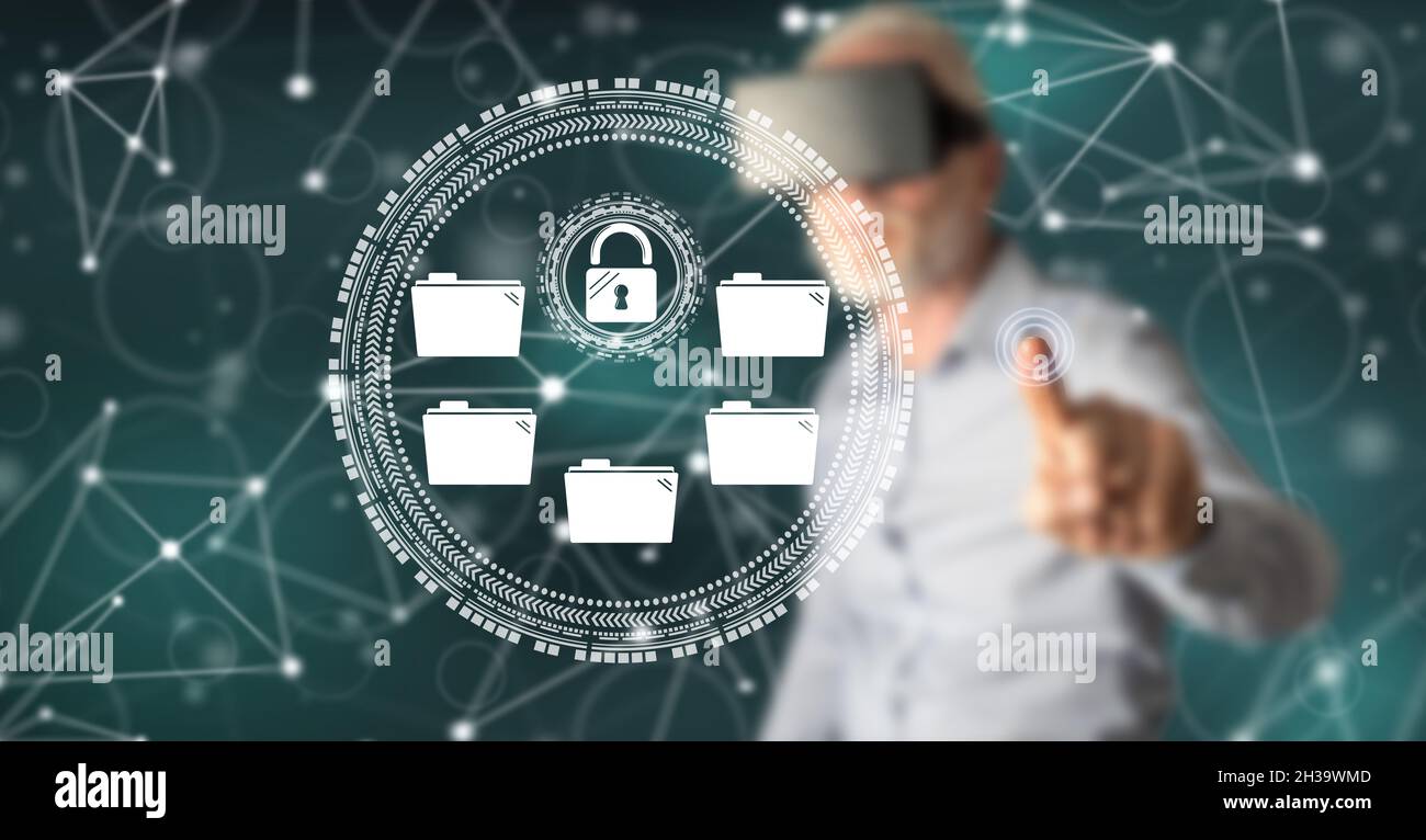 Man with vr headset touching a data protection concept on a touch ...