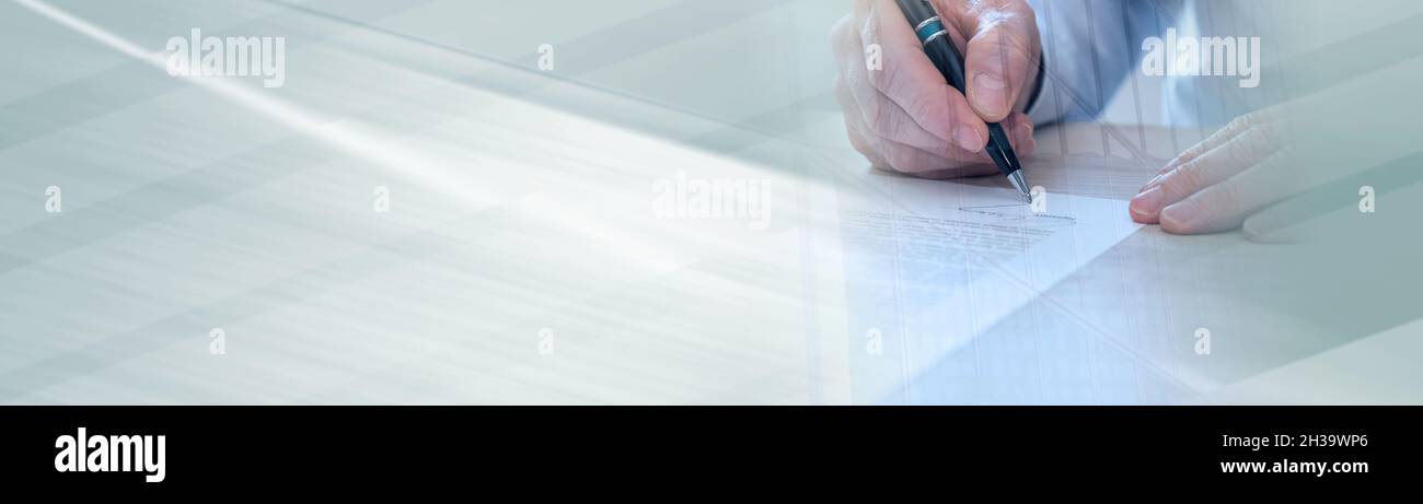 Man signing a legal document, light effect, double exposure; panoramic ...