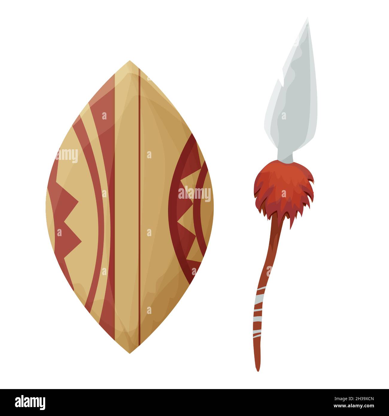 African shield wooden traditional board with tribal ornament and spear ...