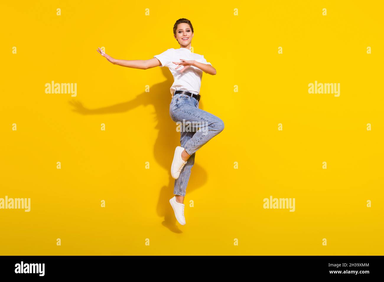 Full Body Photo Of Cool Brown Hairdo Millennial Lady Dance Wear White T