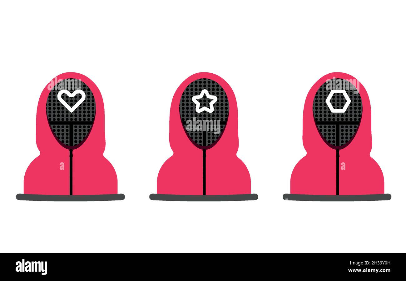 The mask is black with geometric shapes in the hood on a light ...