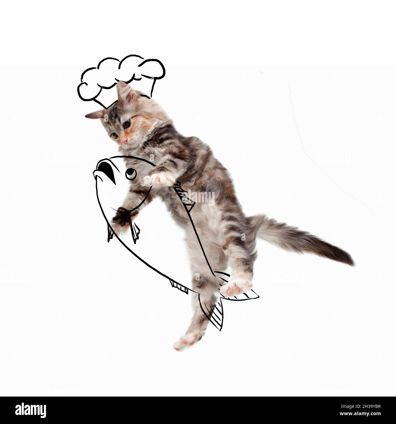 Contemporary artwork. One cute cat, kitten jumping and catching drawn ...