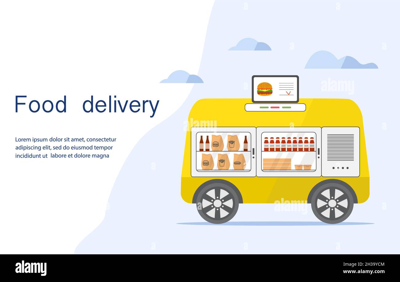 Vector illustration Fast food online order for delivery by self-driving ...