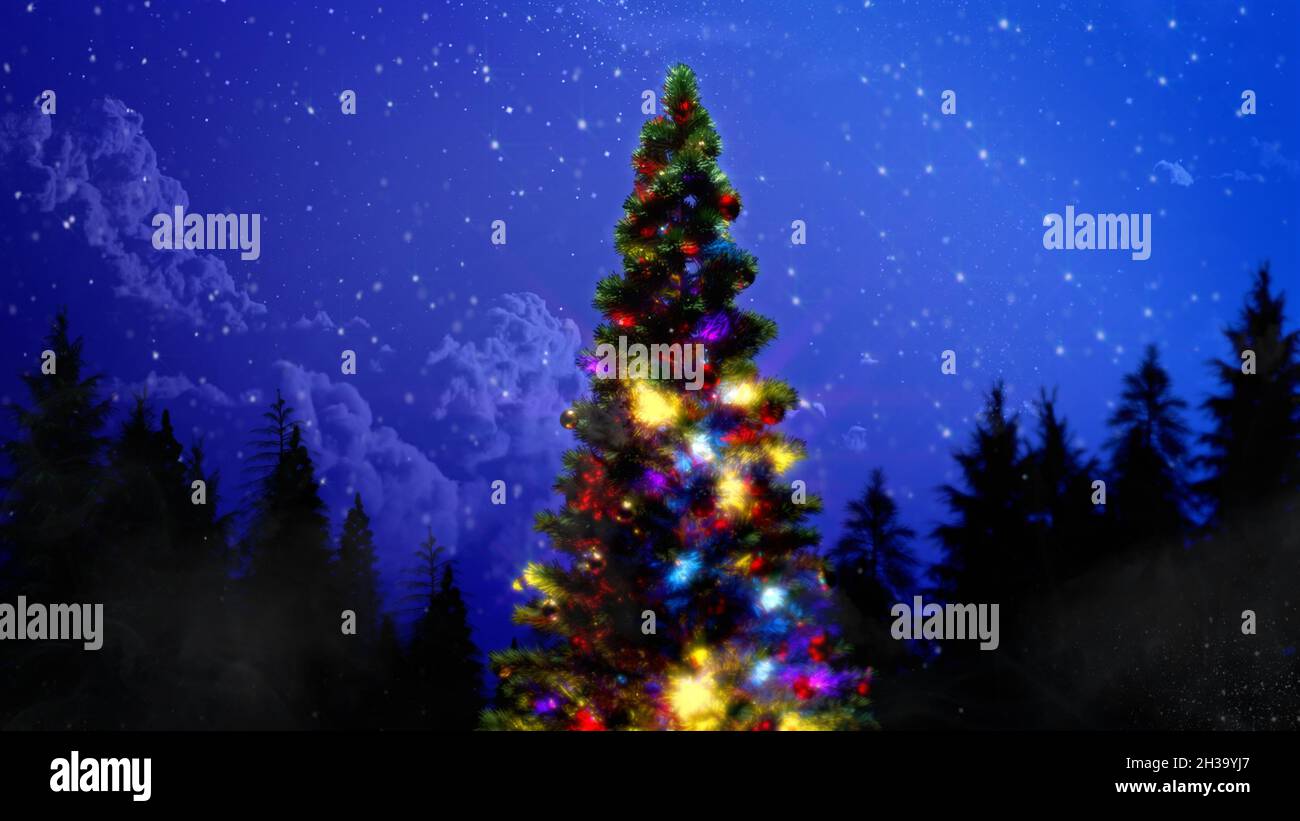 beautified xmas tree and night forest , cgi nature 3D illustration ...