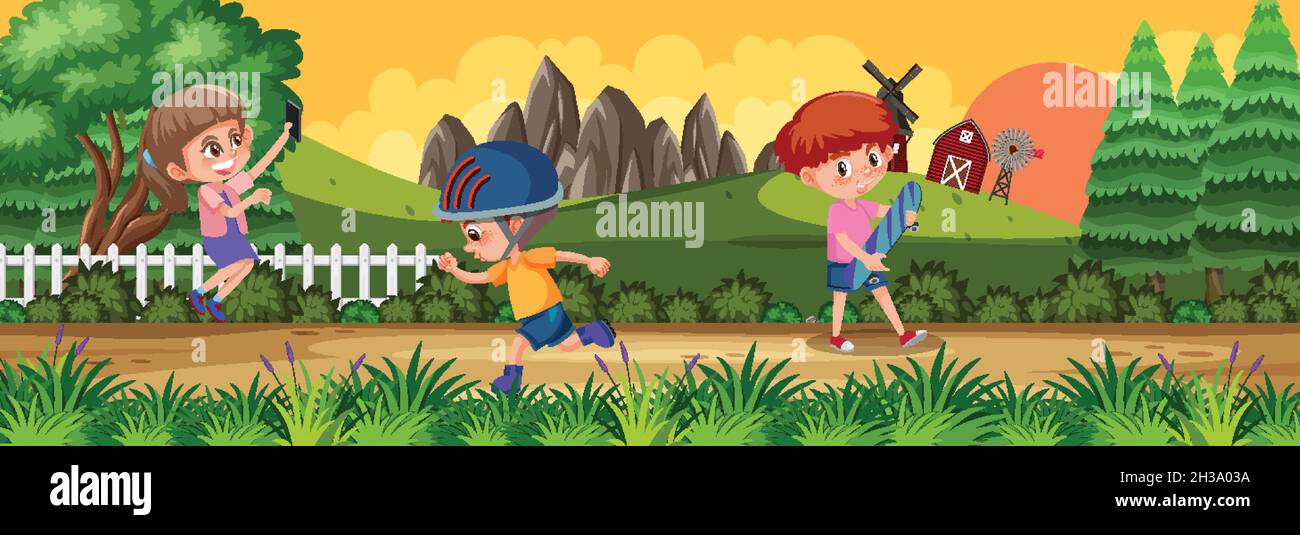 Outdoor horizontal scene with many kids doing activities at the park ...