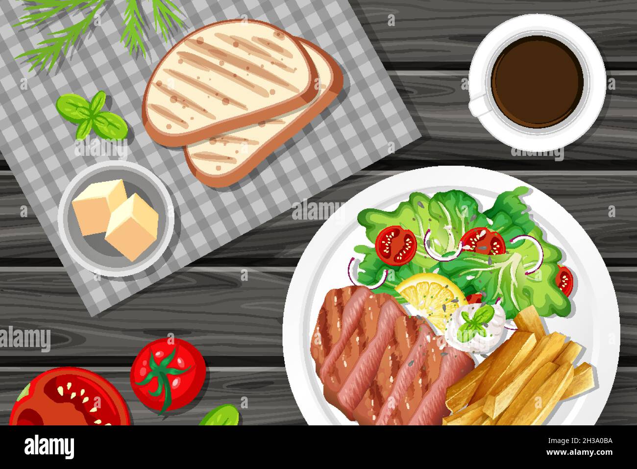 Different plates of food on the table illustration Stock Vector Image ...