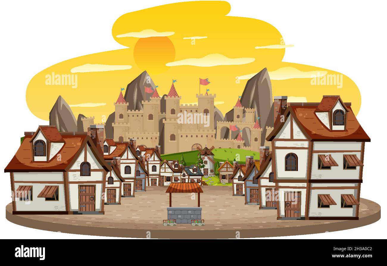 Medieval village scene on white background illustration Stock Vector ...