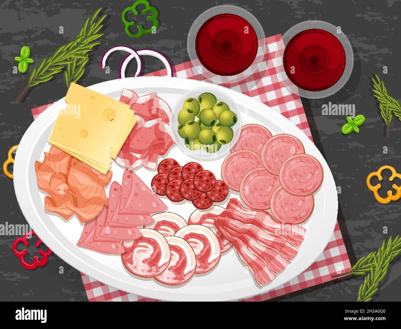 Lunch meat set with different cold meats on platter illustration Stock ...