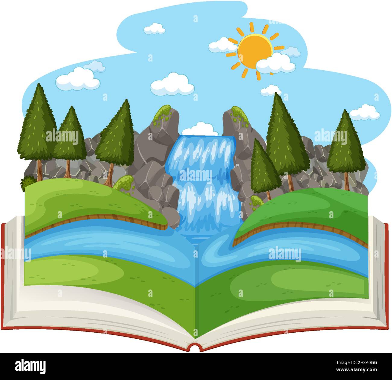 Open book with waterfall in the forest scene illustration Stock Vector ...