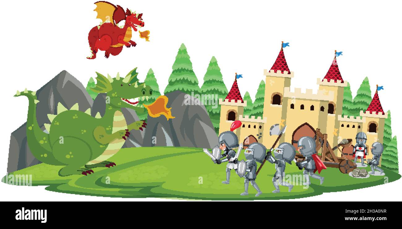 Knights fight with dragon at the castle illustration Stock Vector Image ...