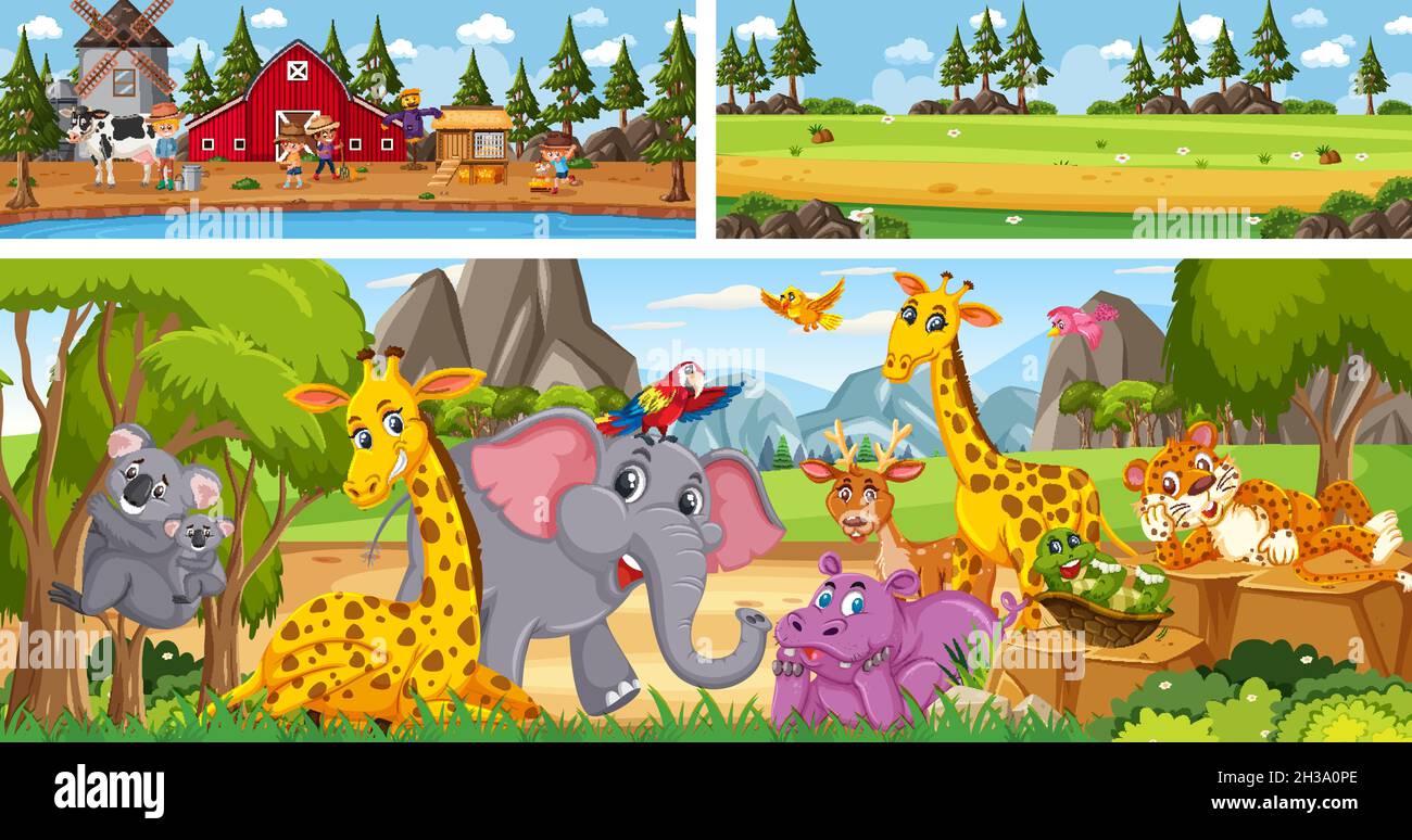 Different scene set with outdoor panoramic landscape in cartoon style ...