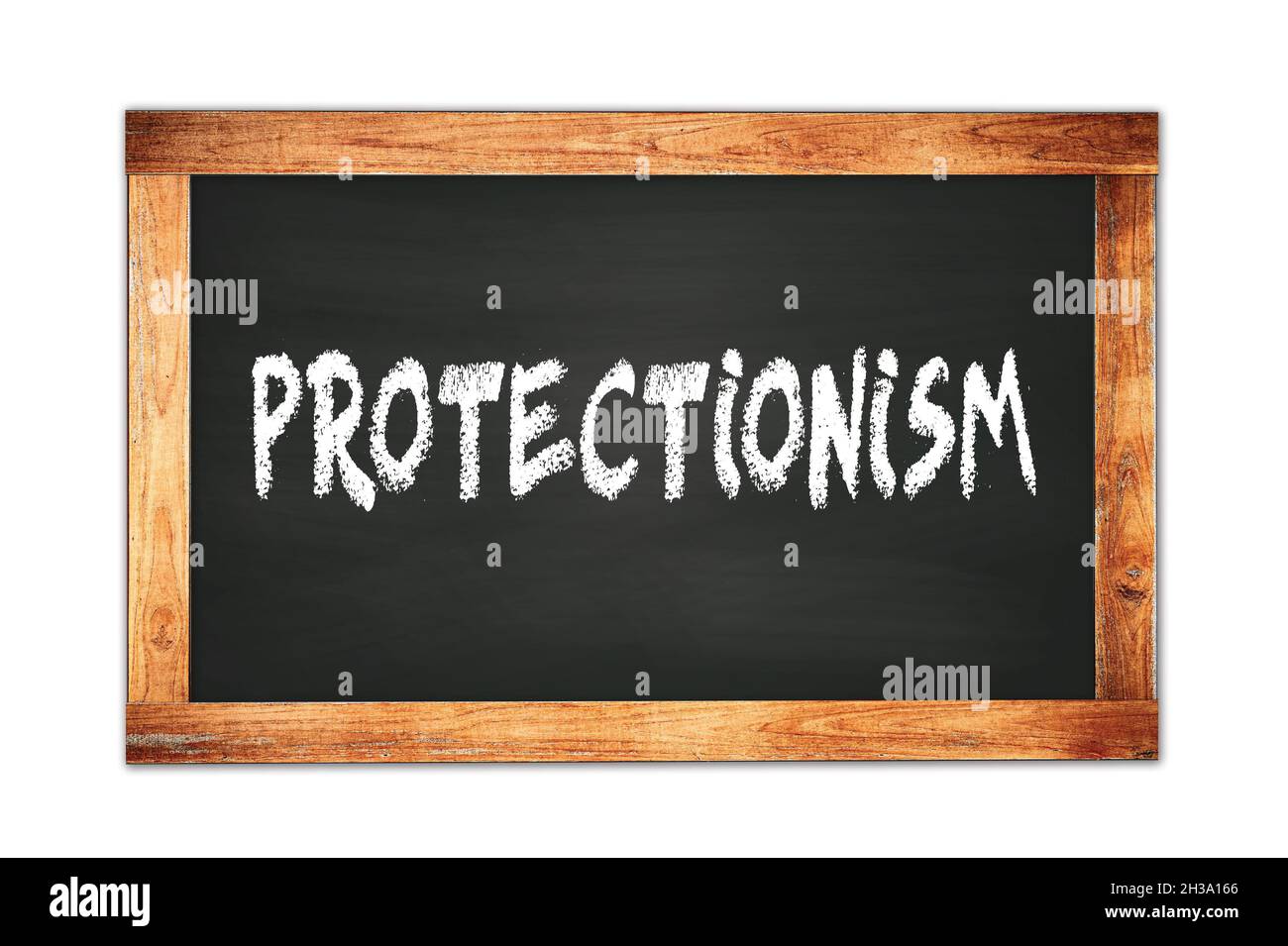 PROTECTIONISM text written on black wooden frame school blackboard ...