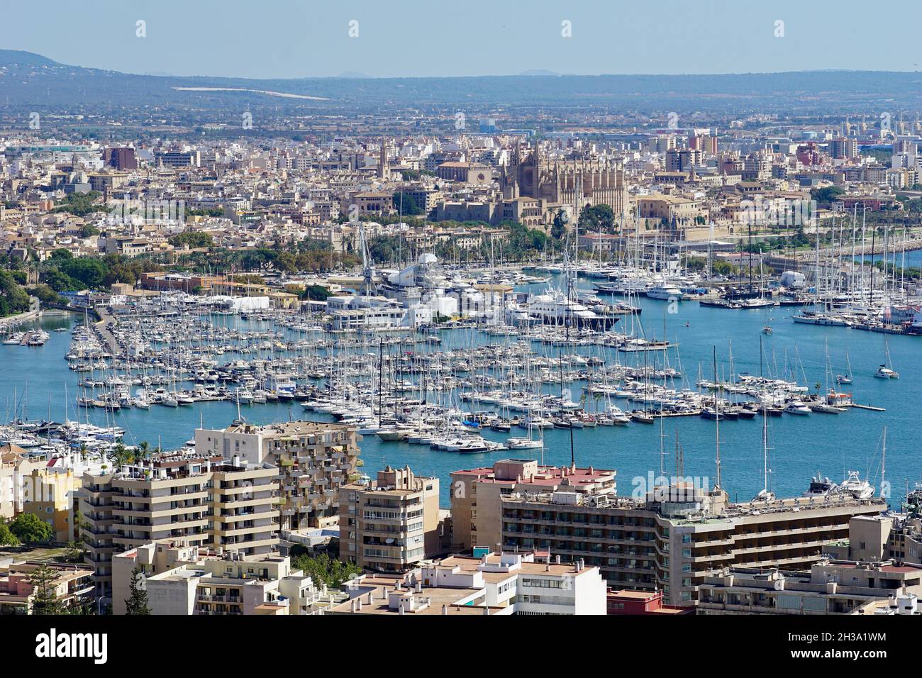 Aerial view of Palma de Mallorca port with Cathedral La Seu in the ...